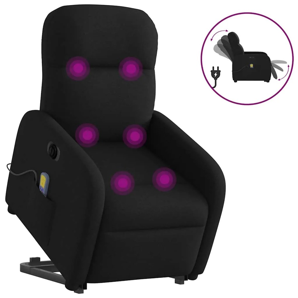Elektrické zvedací masážní polohovací křeslo černé textil 3303004