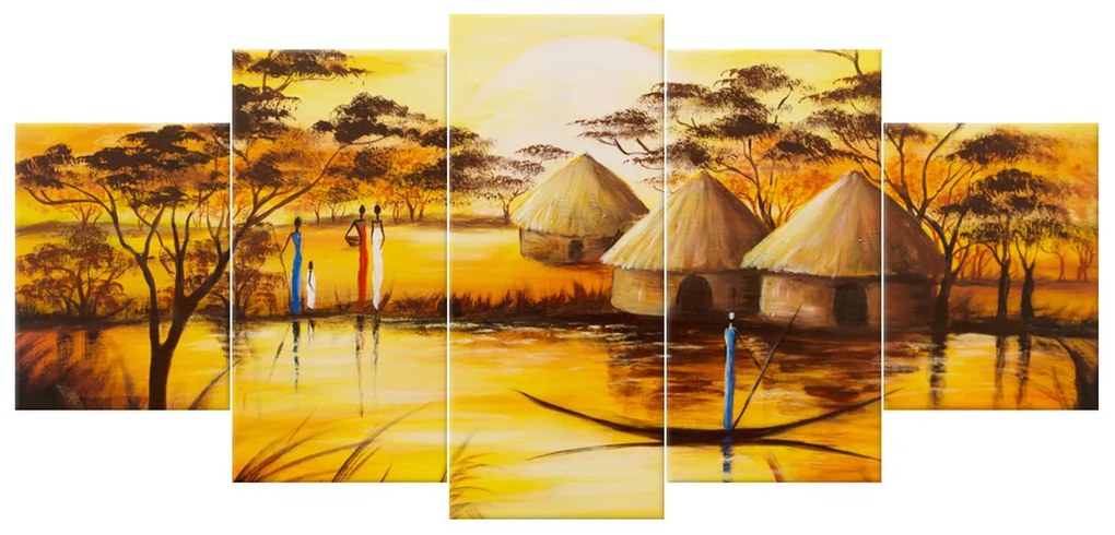 Gario Ručně malovaný obraz Africká vesnice - 5 dílný Rozměry: 150 x 70 cm