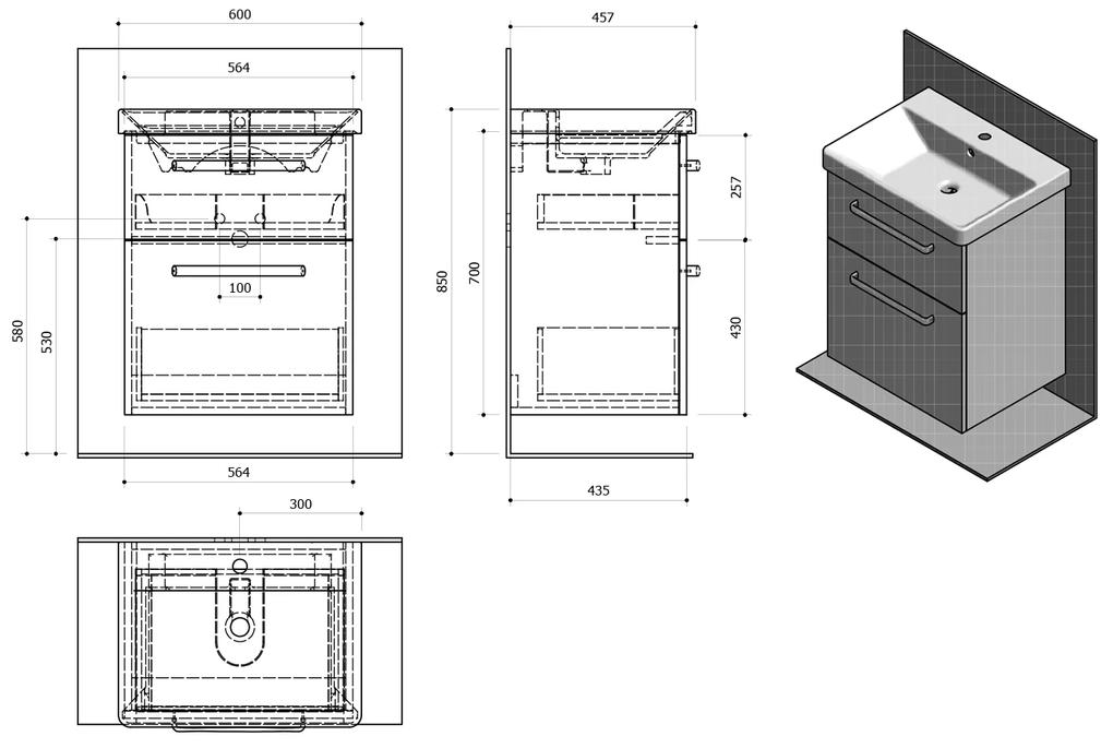 Sapho, THEIA Umyvadlová skříňka 56,4x70x43,5cm, 2x zásuvka, dub stříbrný (TH064), TH060-1111