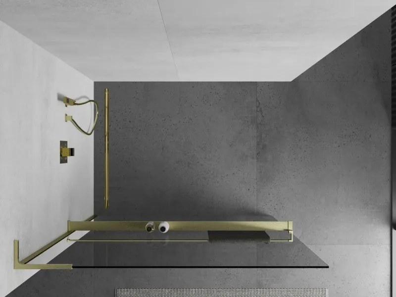 Mexen Kioto+ L, sprchová zástěna Walk-In s poličkou a věšákem 50 x 200 cm, 8mm čiré sklo, zlatý matný profil, 800-050-123-55-00