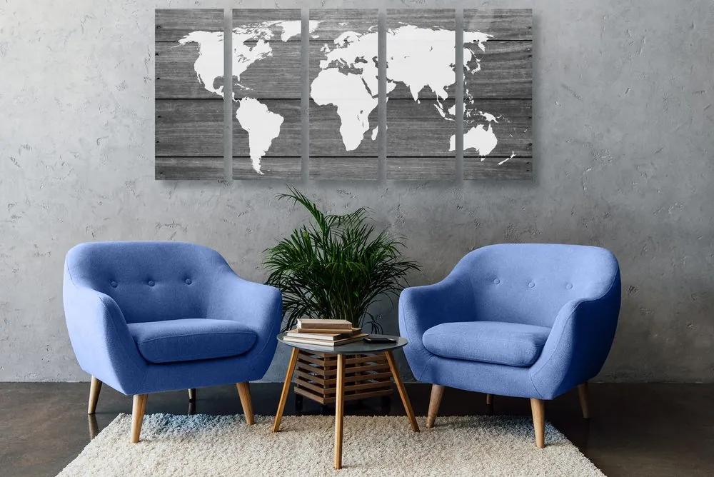 5-dílný obraz černobílá mapa světa s dřevěným pozadím Varianta: 100x50