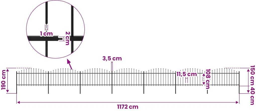 Zahradní plot s kopím nahoře ocelový 1172 x 150 cm černý 277736