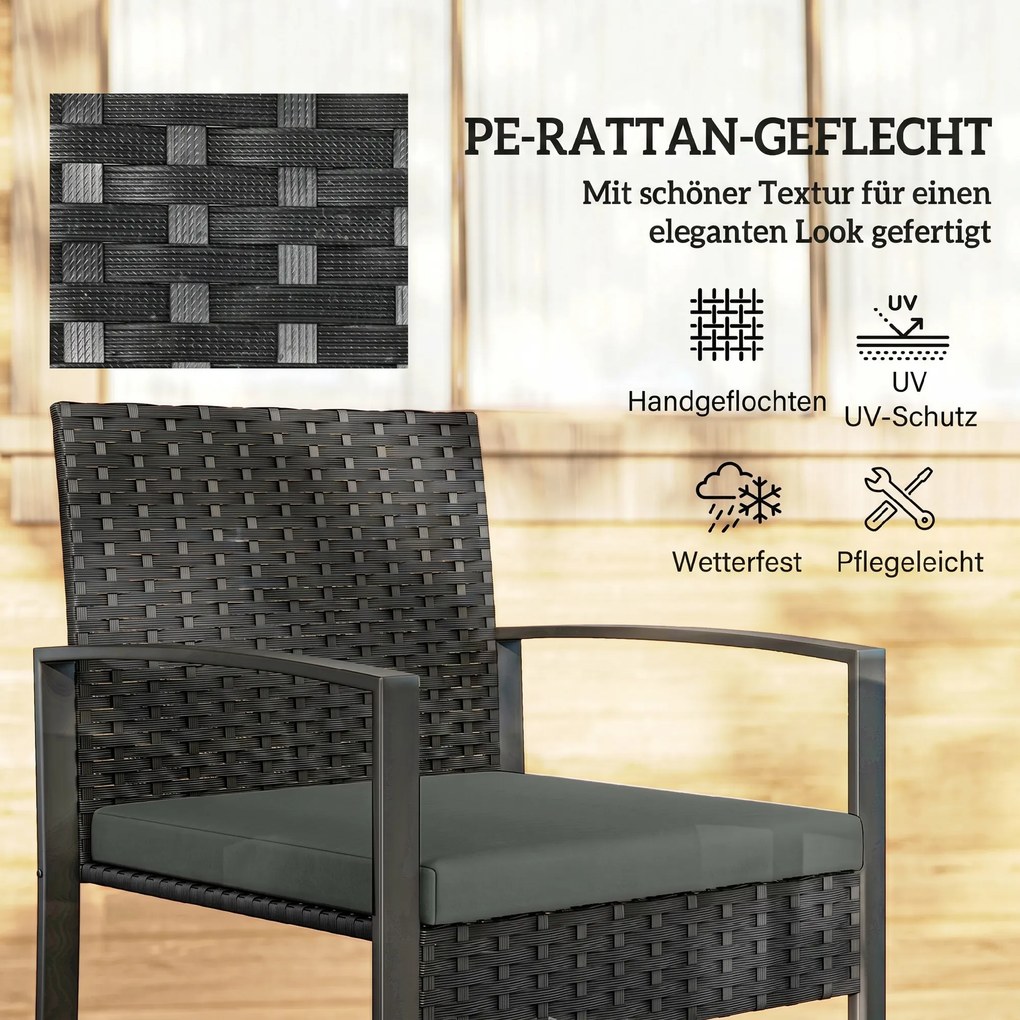 Ratanový bistro set, 3dílná sada zahradního nábytku se 2 zahradními židlemi, konferenčním stolkem, odnímatelnými polštáři tmavě šedá