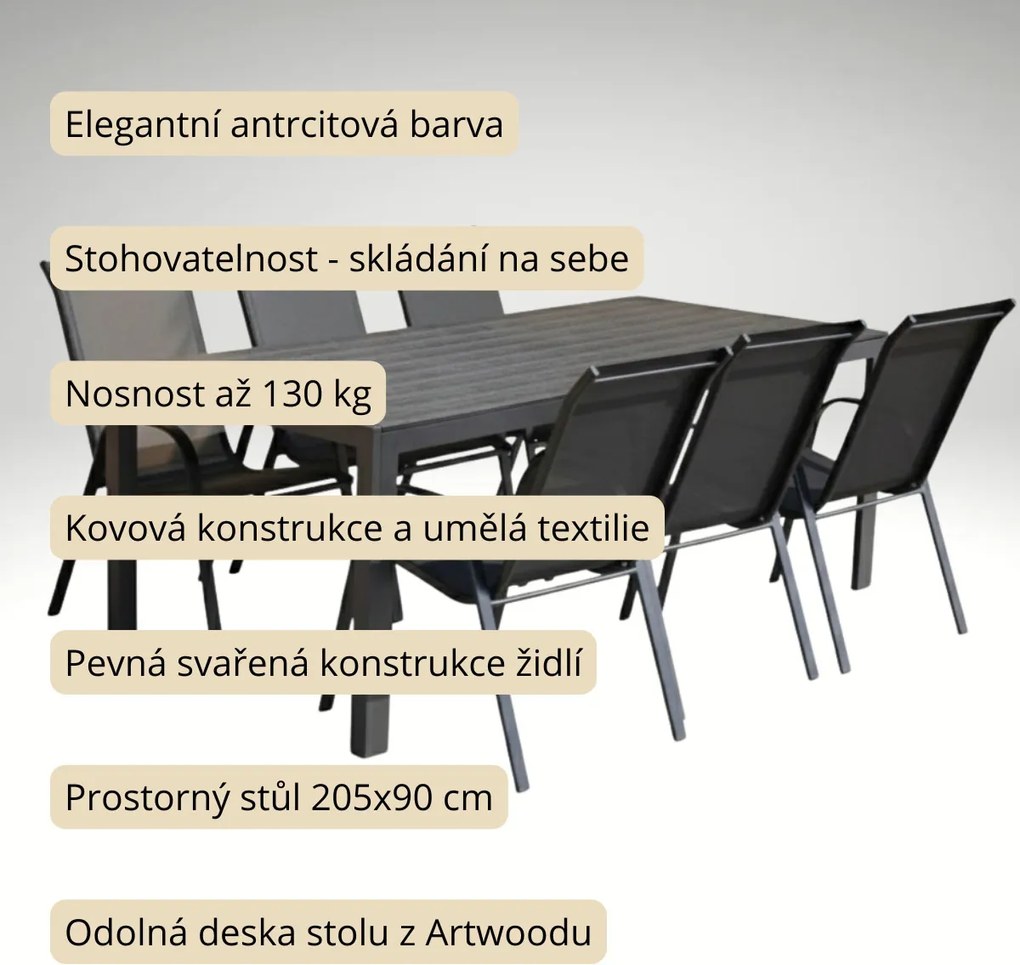 Vikio Venkovní zahradní set 205x90 pro 6 osob DK303 antracit