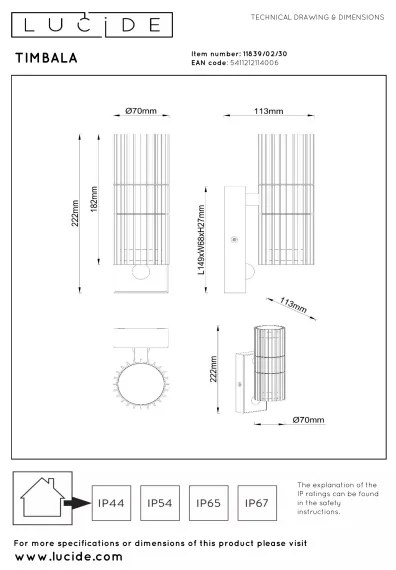 Lucide 11839/02/30 - Ven nástěnné svítidlo se senzor TIMBALA 2xGU10/7W/230V IP44