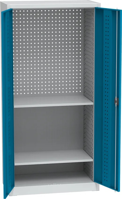 Policová dílenská skříň na nářadí KOVOS, perforovaný panel, 2 police, 950 x 500 x 1950 mm