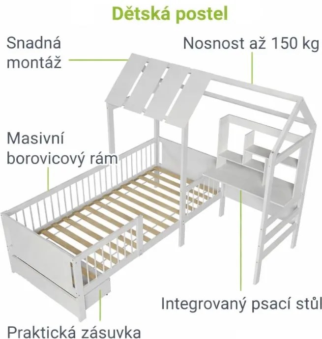 Dětská postel domeček Yari 90 × 200 cm s psacím stolem