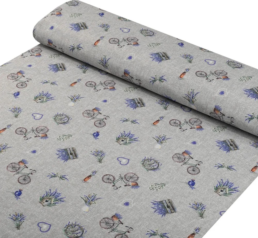 Biante Dekorační oválný ubrus PML-097 Levandule a kola na šedém režném 50x100 cm