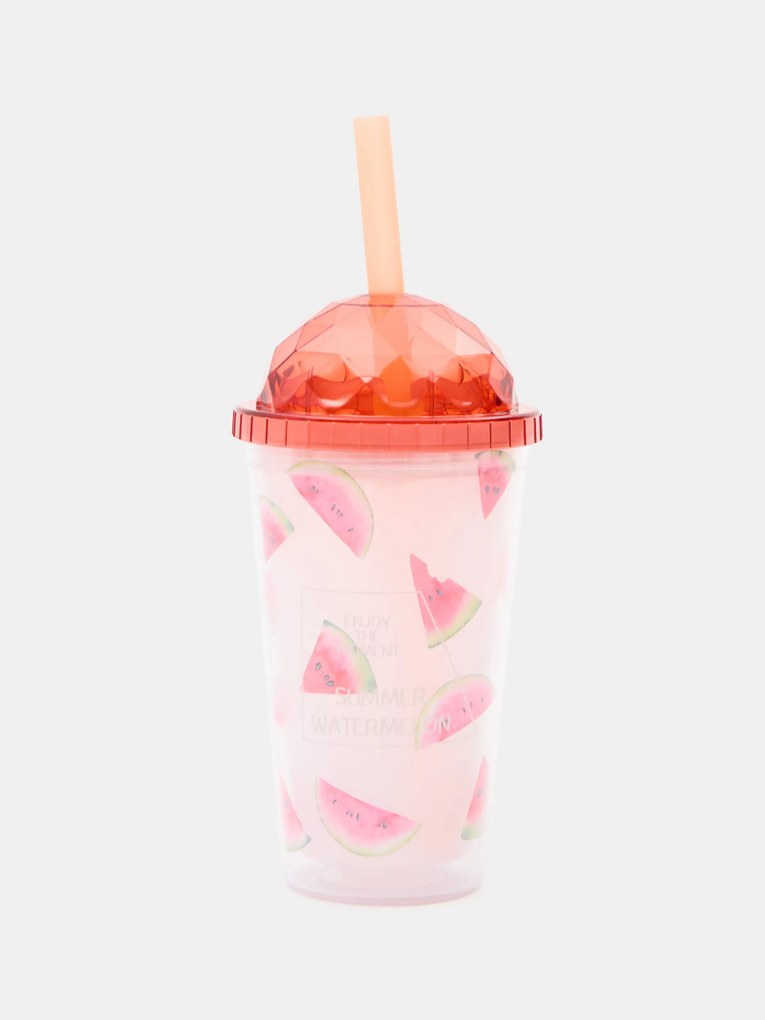 Sinsay - Cup with straw with watermelon motif - pastelová růžová