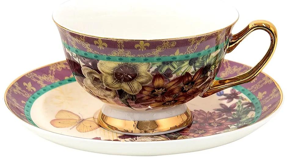 Porcelánový šálek s podšálkem s květy a motýlky - 12*10*6 cm / Ø 15*2 cm / 200 ml