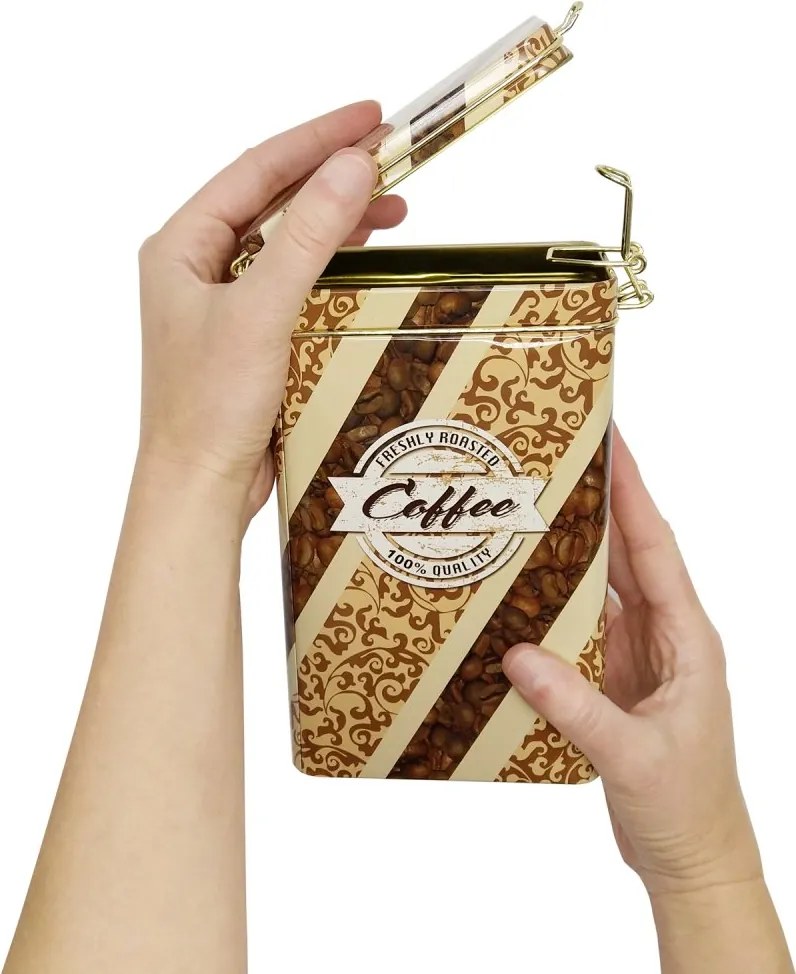 Plechová dóza Freshly roasted, 500 g – hnědá, lesklý povrch, s patentním uzávěrem, s kávovým motivem, na kávu a bylinky