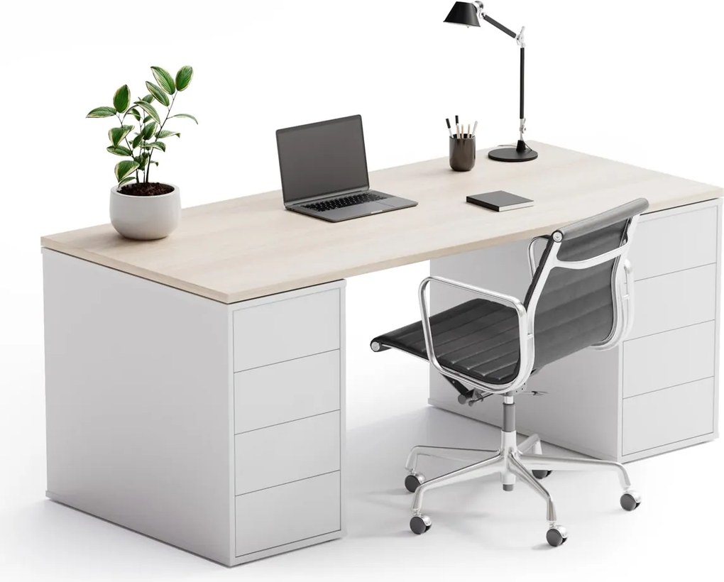 Kancelářský psací stůl s úložným prostorem BLOCK B03, 180x80 cm, bílá/dub přírodní