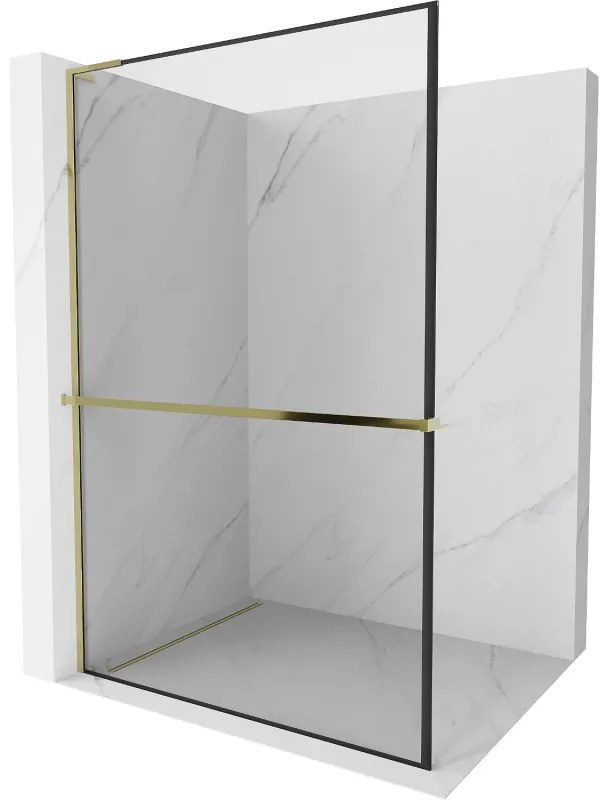 Mexen Kioto+ L, sprchová zástěna Walk-In s poličkou a věšákem 110 x 200 cm, 8mm čiré sklo černý vzor, zlatý lesklý profil, 800-110-123-50-70