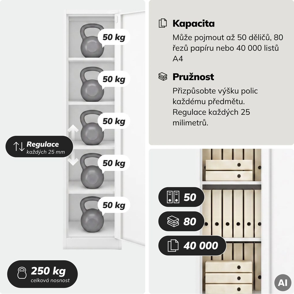 Skříň na spisy kartotéková na klíč bílá, 450x1850x600 mm: ALEX D600
