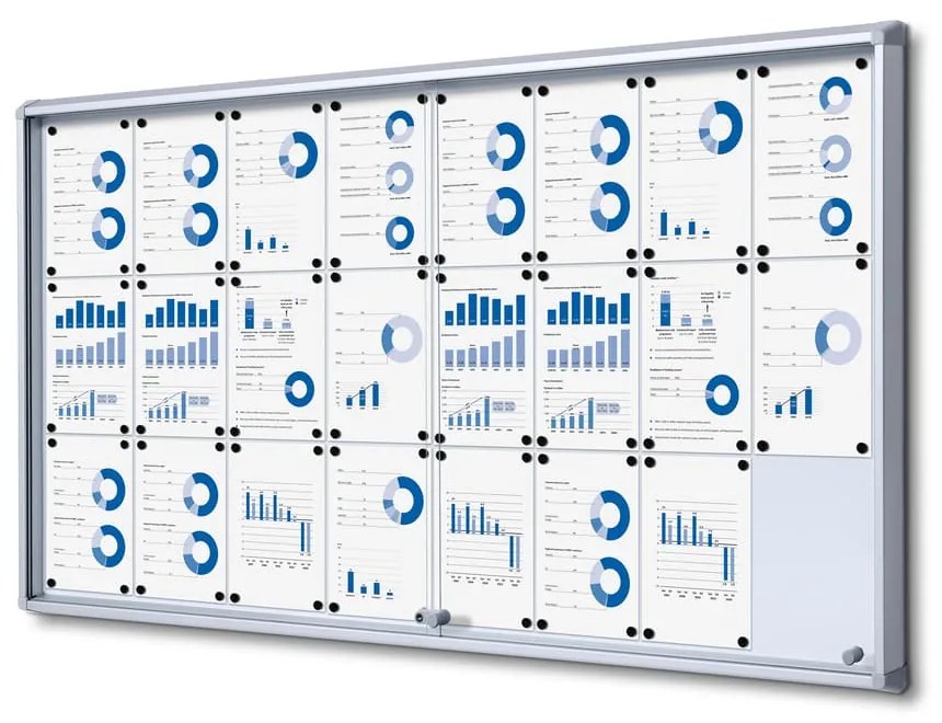 Interiérová informační vitrína s posuvnými dveřmi 24 x A4 - plechová záda, hliník