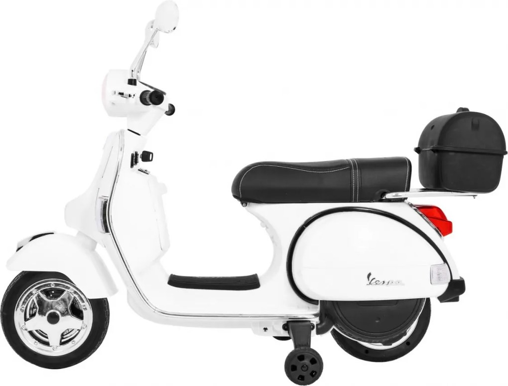 Ramiz Elektrický skútr Vespa pro děti bílý + pomocná kolečka + audio + ekokůže + EVA + plynulý start