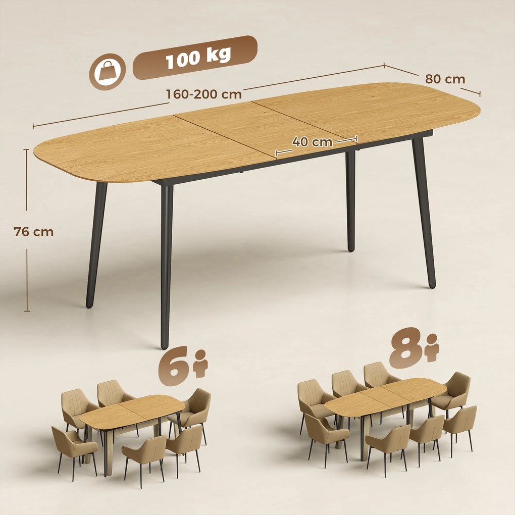 HOMCOM rozkládací obdélníkový jídelní stůl pro 6 až 8 osob, kuchyňský stůl 160-200 cm s policí, hnědý