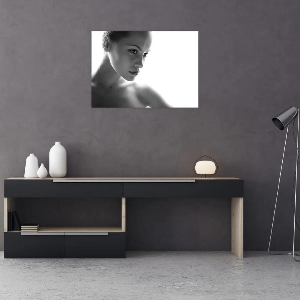 Skleněný obraz - Černobílý portrét ženy (70x50 cm)