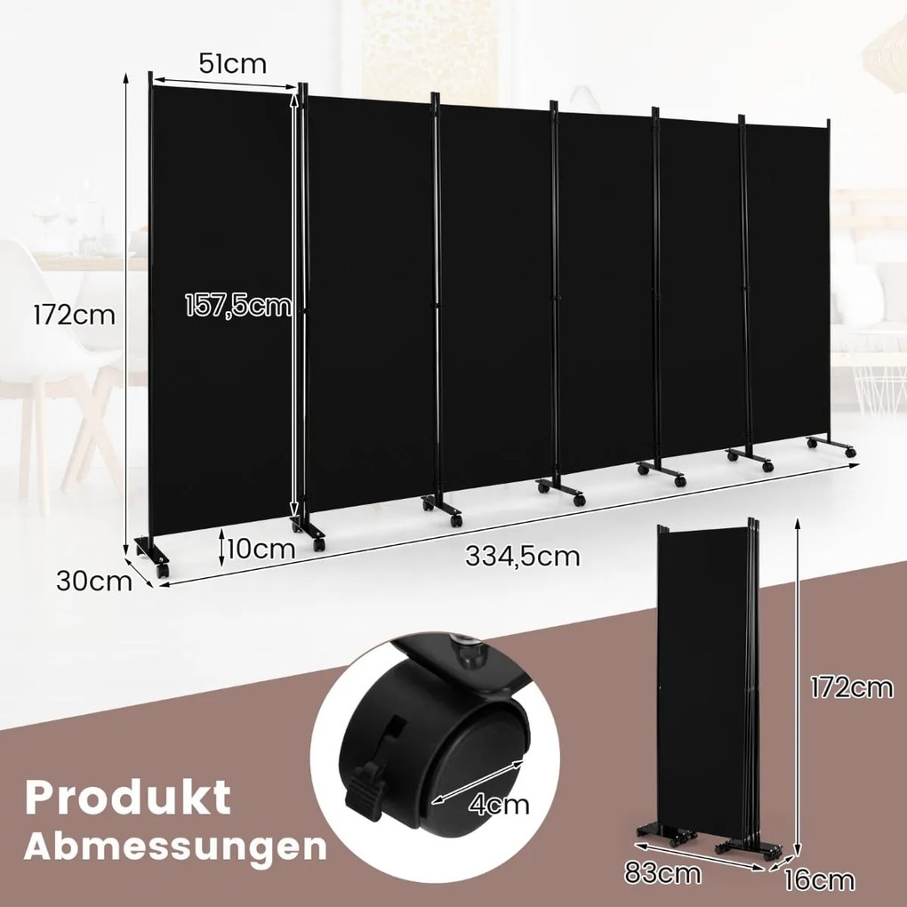 Costway Šestidílný skládací paraván na kolečkách 172 cm, černý