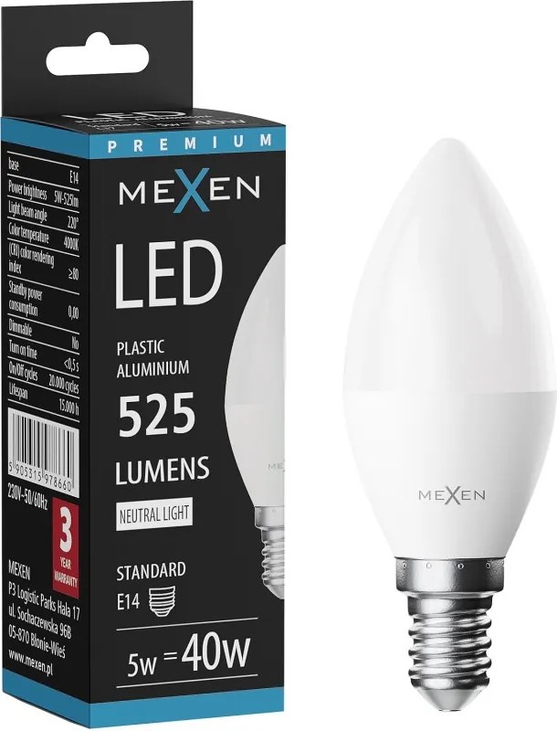 Mexen Nova, LED žárovka E14, C37, 5W, teplá - 3000K, 525 lm - L102-E14-0540-01