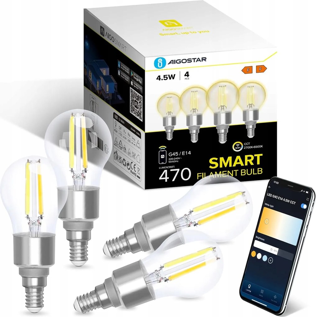 Smart Led žárovky 4 ks, Aigostar, E14/G45, 4,5W, 470 lm
