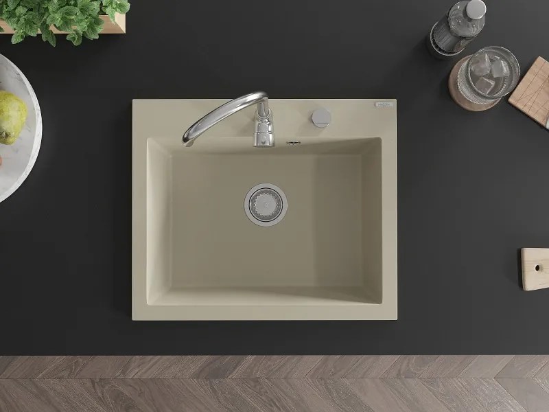 Mexen Elix granitový dřez 1-komorový 600 x 500 mm, béžový, sifon chrom - 6525601005-69