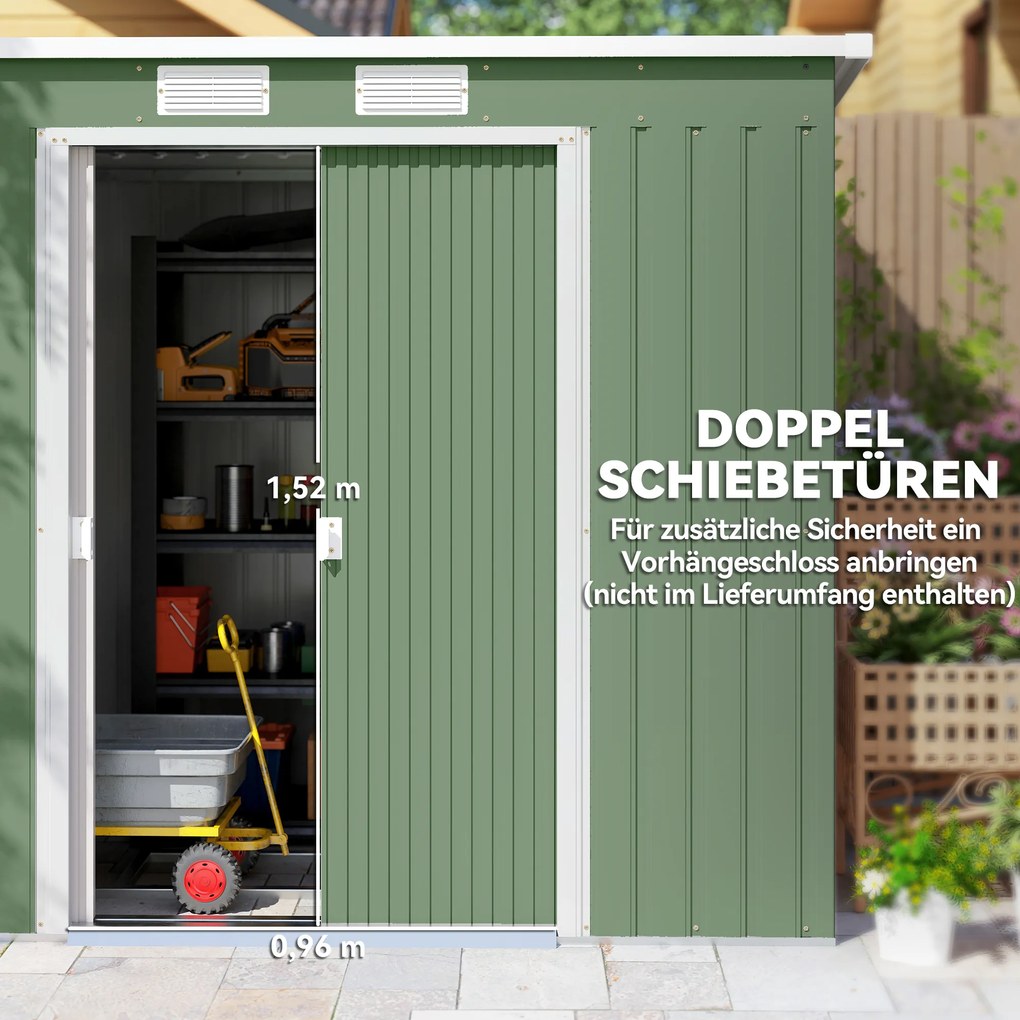 Outsunny Nástrojová Kůlna 2,42 m² - Zahradní Dům s Ventilačním Oknem a Posuvnými Dveřmi, 213 x 130 x 159/172 cm, Kůlna z Pozinkované Oceli, Voděodoln…