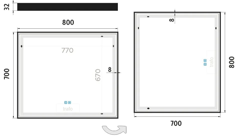 Nimco Černé LED zrcadlo 800x700 se dvěma dotykovými senzory - ZPC 13003VX-90