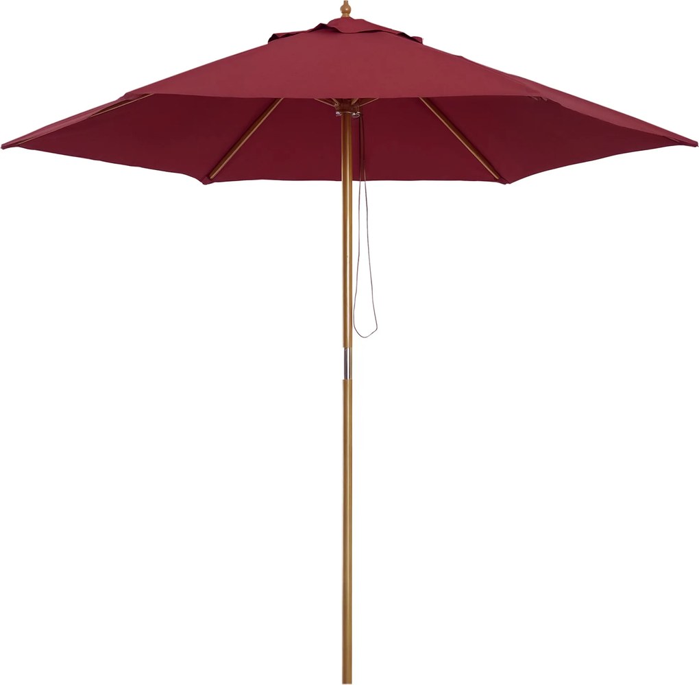 Zahradní slunečník Outsunny Ø250x230 cm s 6 bambusovými žebry, odnímatelný sloup, UV ochrana, voděodolný a dřevěný rám na pláž a terasu v burgundské č