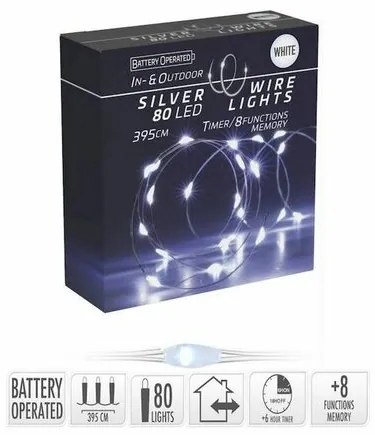 Světelný drát s časovačem Silver lights 80 LED, studená bílá, 395 cm