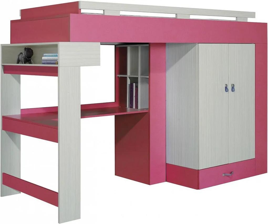 Dětská postel s psacím stolem a skříní Adéla 3, lamino + ABS, jasan / růžová