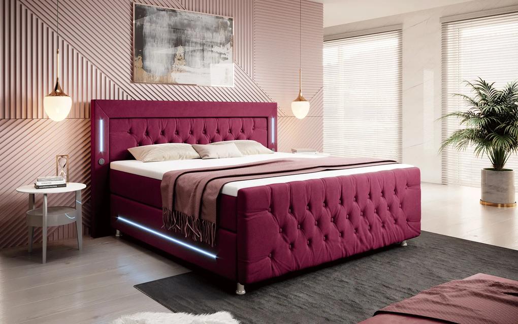Boxspring postel PARADISE bez úložného prostoru s LED a USB, samet Velikost postele: 140 × 200 cm, Barvy sametu: Bordó samet, Výběr matrace:…