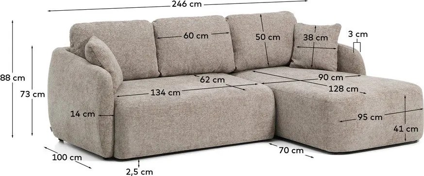 Taupe žinylková rozkládací rohová pohovka (pravý roh/s lenoškou) Laira – Kave Home