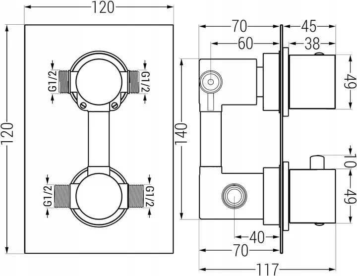 Podomítková termostatická baterie MEXEN CUBE - chrom - 2 výstupy, 77502-00