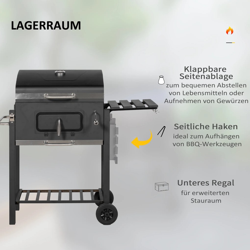 Outsunny grilovací vozík na dřevěné uhlí BBQ stojan na grilování z nerezové oceli černý 113x65x108cm pro zahradu a terasu