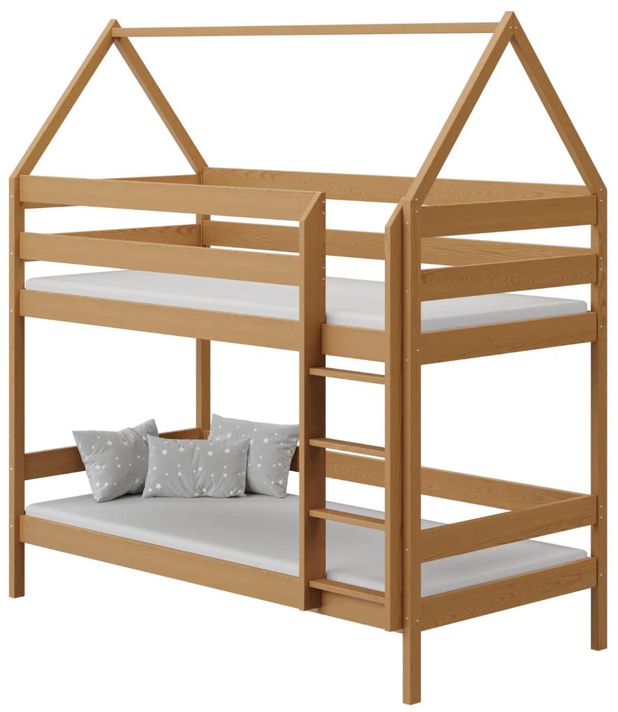 BabyBeds Dětská patrová postel DOMEČEK Velikost postele: 160x80 cm, Barva postele: Borovice, Úložný prostor: Dva menší šuplíky na kolečkách