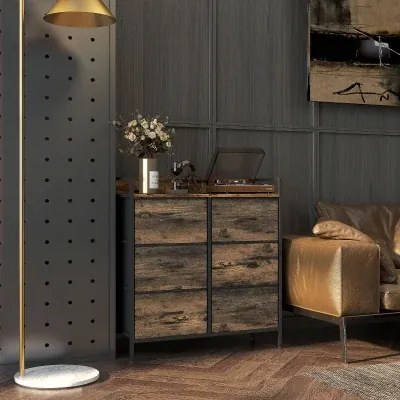 HOMCOM komoda 6 zásuvek | látkové zásuvky a ocelový rám | industriální 79 x 29 x 85 cm, rustikálně hnědá