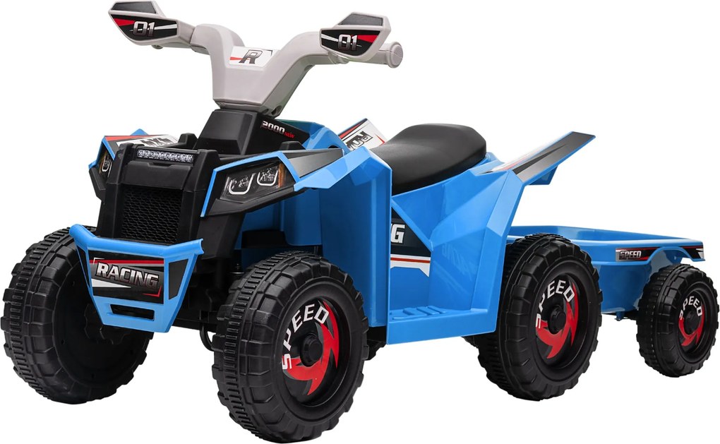 HOMCOM Dětský elektrický čtyřkolka 6V, D dětské vozidlo, Elektrické auto s přívěsem pro děti 1,5-3 roky, 2,5 km/h, Kovové, 106 x 41,5 x 48,5 cm, Modré