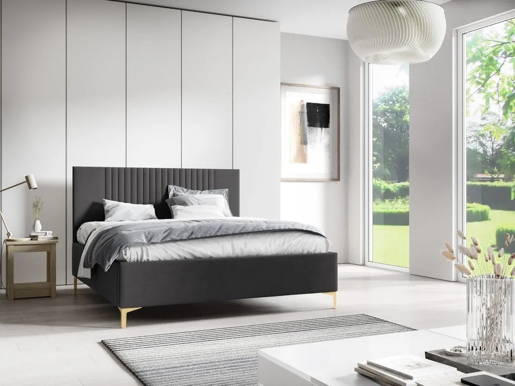 Eka Čalouněná postel LINA+ 90x200 cm Barva látky Trinity: Krémově bíla (Trinity 2301), Úložný prostor: S dřevěným rámem úložného prostoru, Barva nožek postele: Zlatá