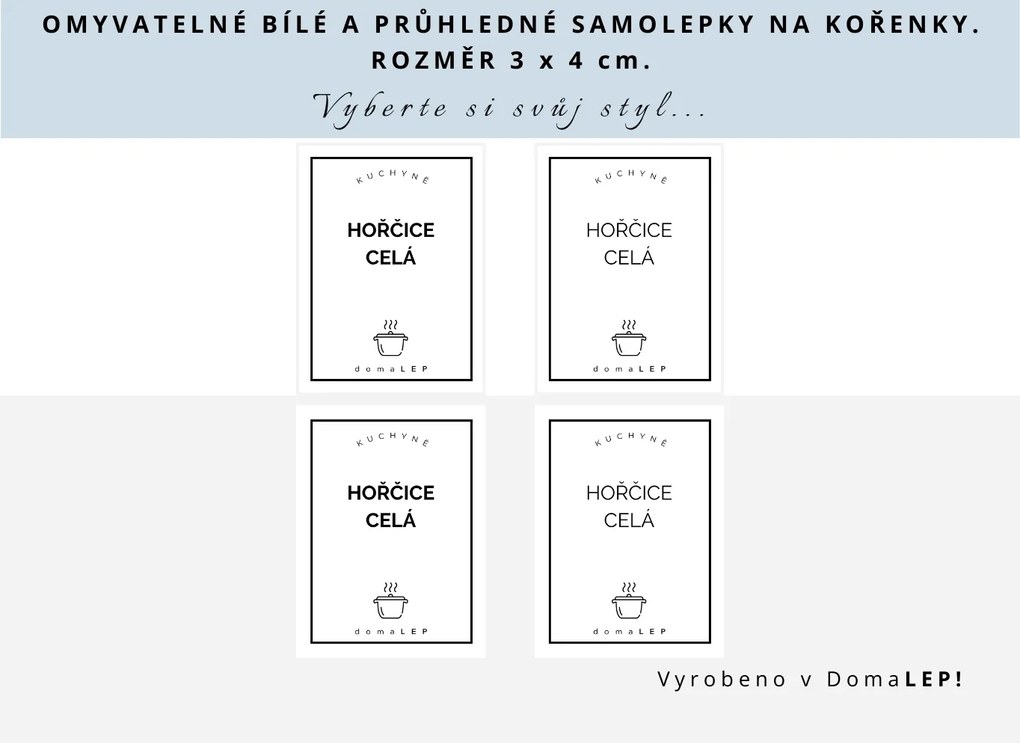 HOŘČICE CELÁ - Samolepka na kořenky 3 x 4 cm - DomaLEP varianta: PRŮHLEDNÁ - základní písmo