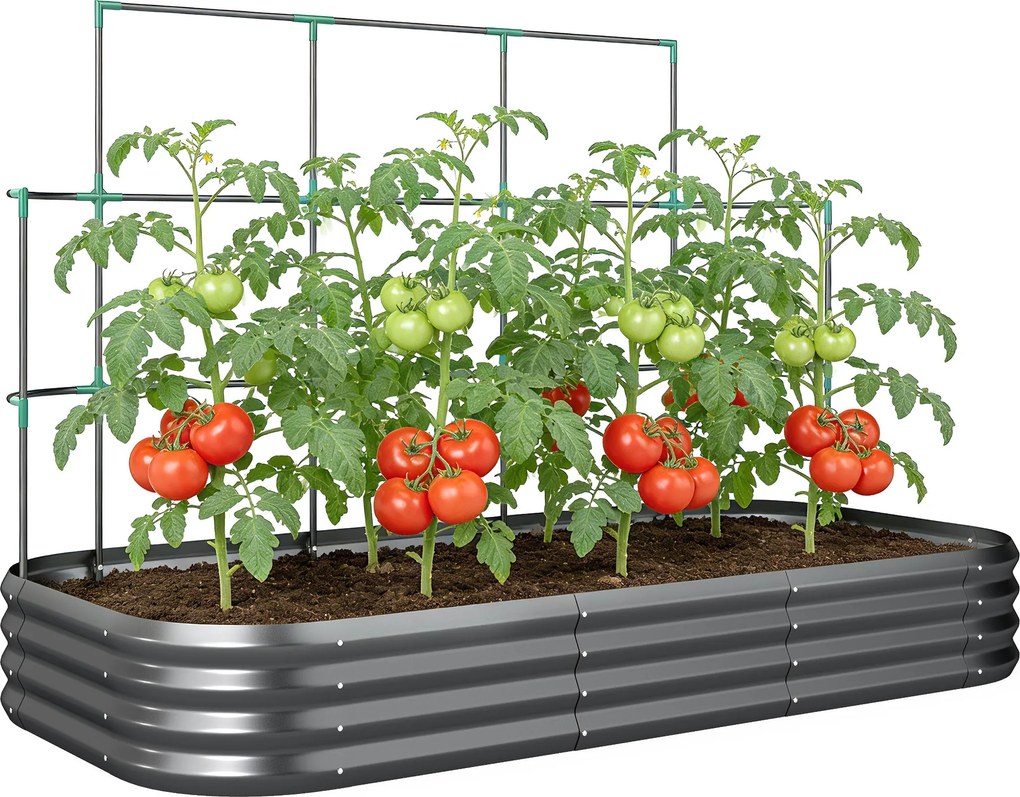 Outsunny vyvýšený záhon s treláží, pozinkovaný kovový truhlík s ochranným okrajem a rukavicemi pro bylinky, zeleninu a květiny — 220 x 110 x 150 cm, t