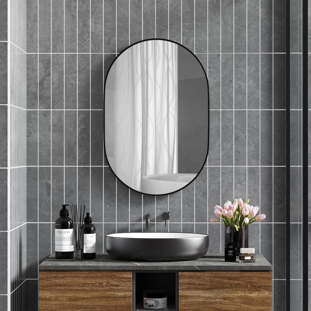 HOMCOM Oválné Koupelnové Zrcadlo 60x90cm z Tepelného Skla, Moderní Nástěnné Zrcadlo s Hliníkovým Rámem, Vertikální/Horizontální Montáž, pro Ložnici, …