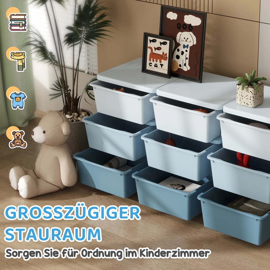 HOMCOM komoda s 9 zásuvkami pro děti – organizér na hračky, modrá, 113 x 37 x 56,5 cm – pro děti 3–6 let