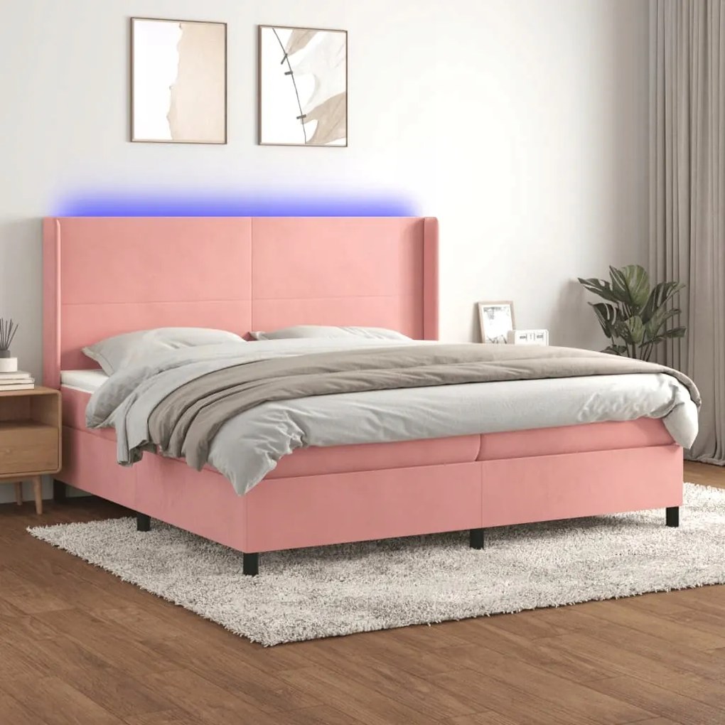 Box Spring Postel S Matrací A Led Samet Růžová Hladký design 200 x 200 cm