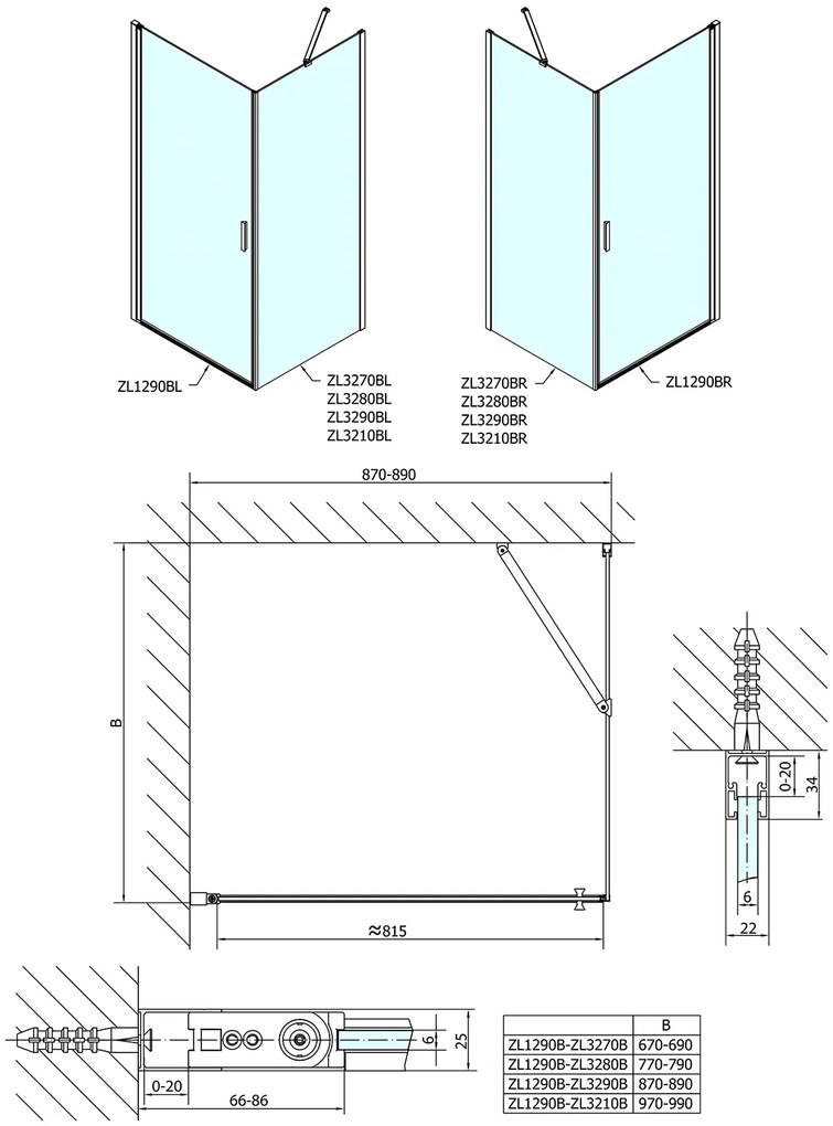Polysan, Zoom Line Black obdélníková sprchová zástěna 900x800mm L/P varianta, ZL1290BZL3280B