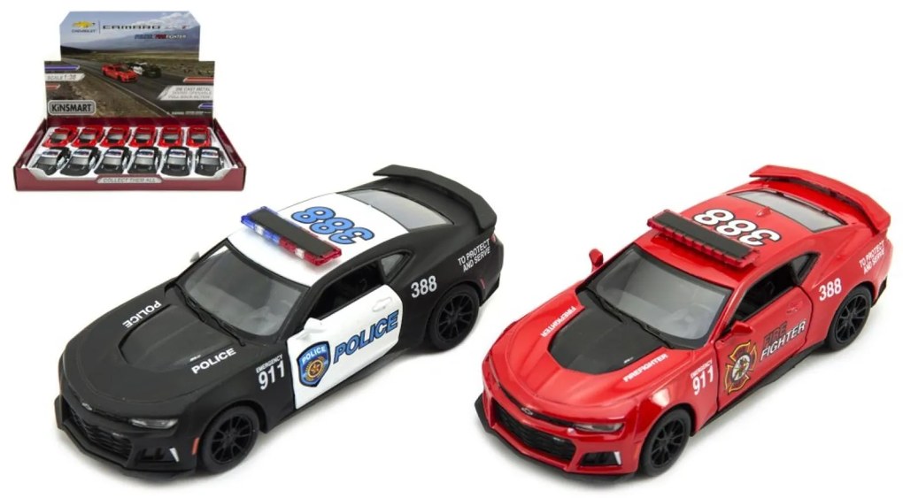 Auto Kinsmart Chevrolet Camaro policie/hasiči 12cm kov/plast 2 barvy na zpětné natažení  (1 ks)