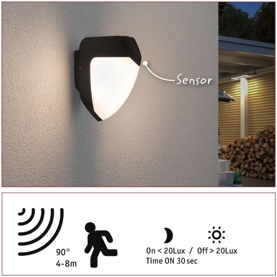 P 94517 LED venkovní nástěnné svítidlo Smart Home Zigbee Ikosea soumrakový senzor a pohybové čidlo CCT IP44 50x203mm 3000K 4,4W 230V antracit umělá hmota - PAULMANN