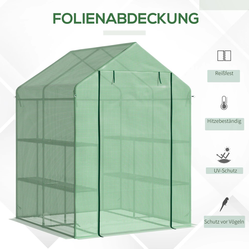 Outsunny polytunelový skleník Walk-in skleník s 8 policemi pro rajčata, ocel a PE plast, zelený, s dvířky pro optimální péči o rostliny