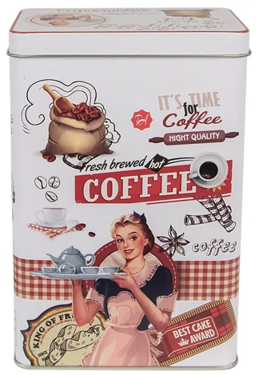 Plechová úložná krabička bílo-červené barvy It´s Time For Coffee – 8x12x21 cm