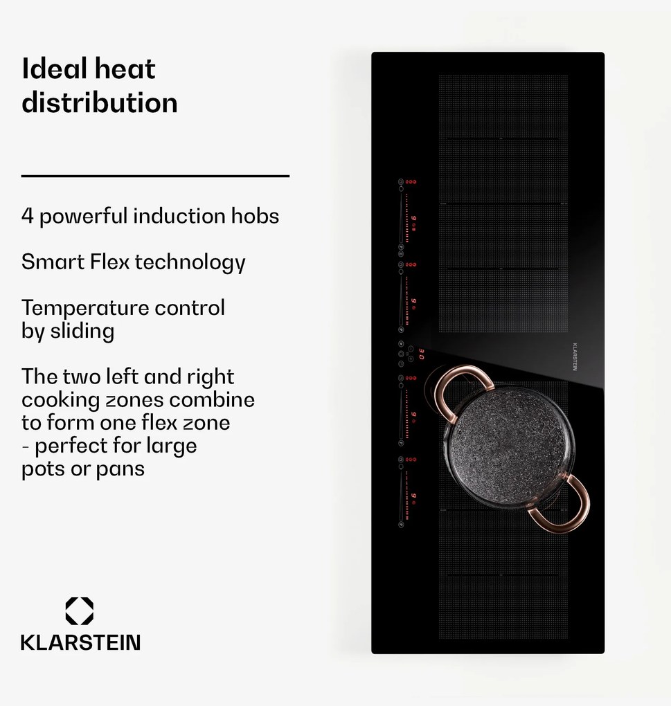 Klarstein Masterzone 90 Slim Flex, indukční varná deska, max. 7200 W, vestavná, 4 zóny Flex, technologie ThermoBoost, Smart Flex